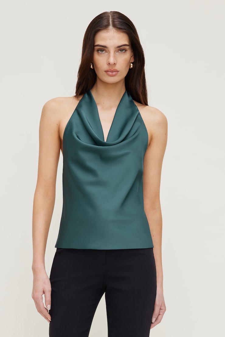 Camila Satin Cowl Halter Neck Blouse Green | Dynamite