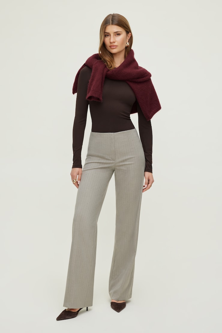 Frankie Pinstripe Slim Bootcut Pants Beige | Dynamite