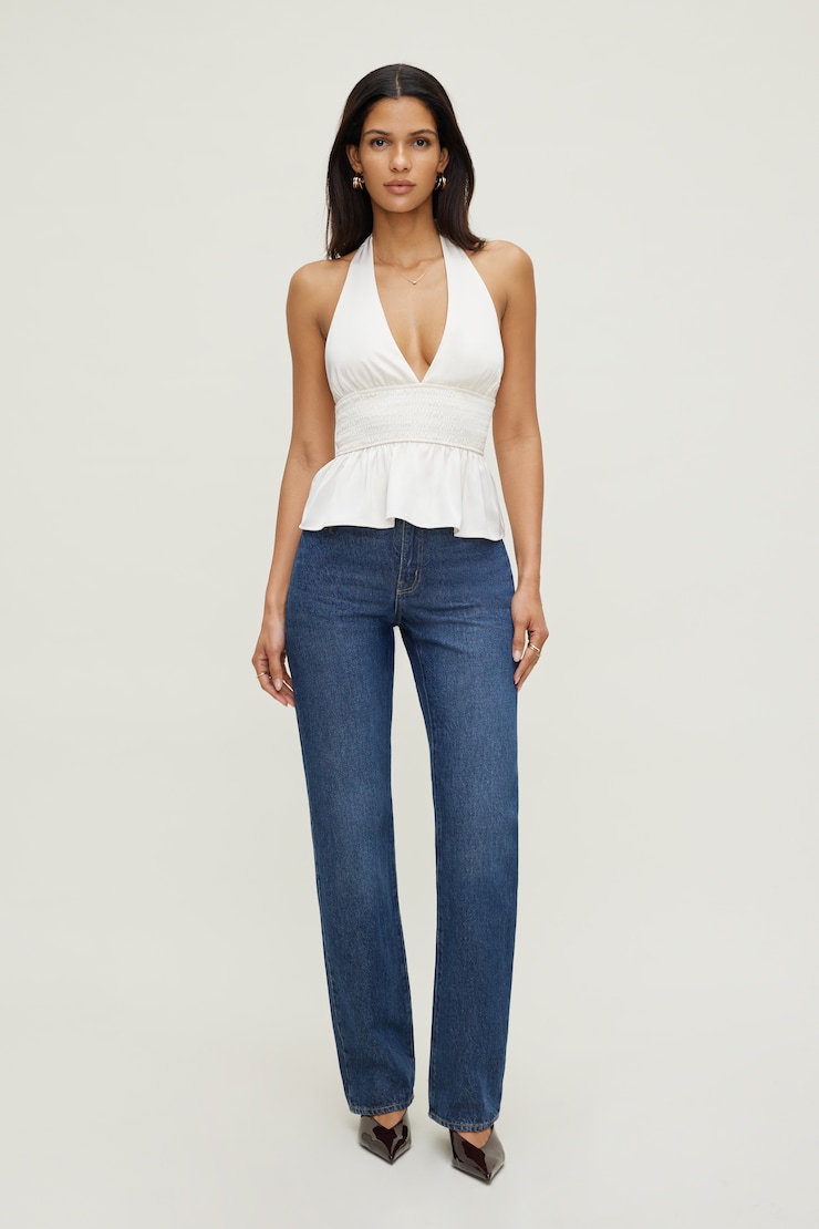 Plunge Satin Halter Top Beige | Dynamite