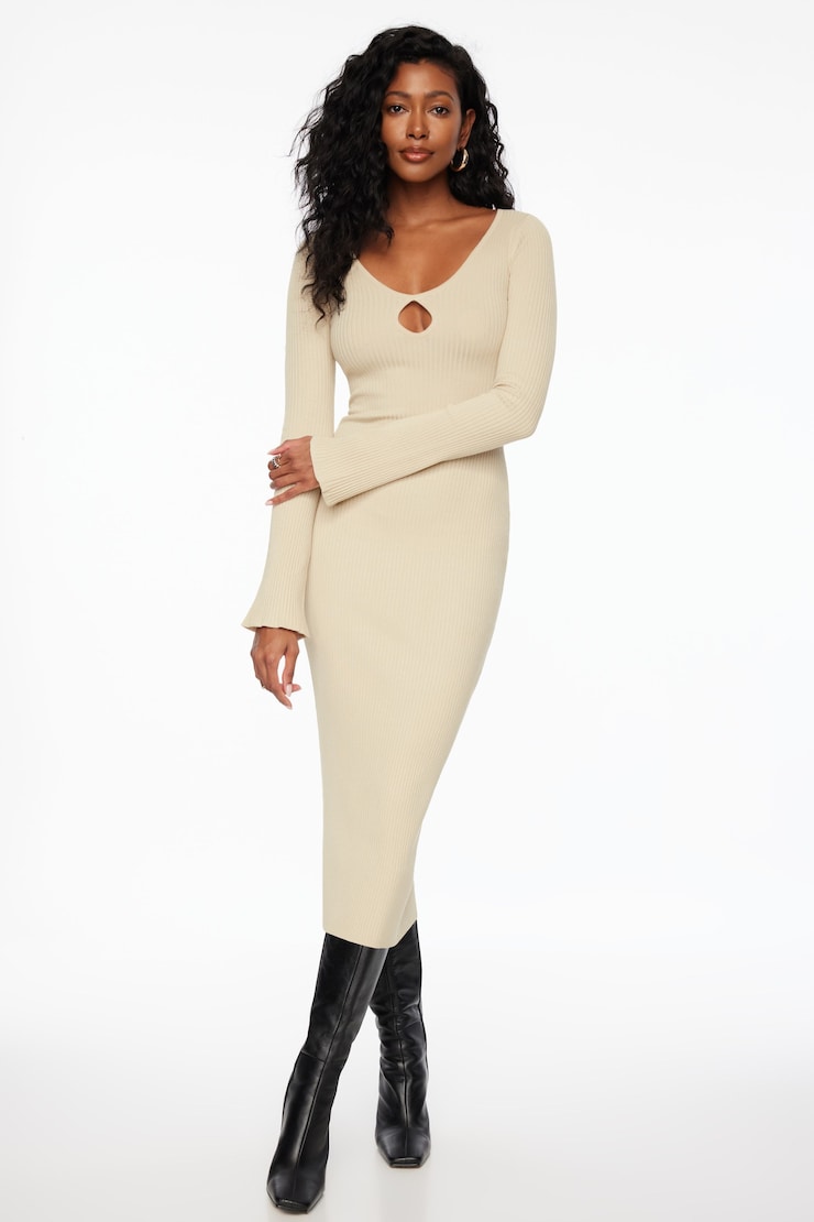 Keyhole Cutout Midi Dress Beige | Dynamite